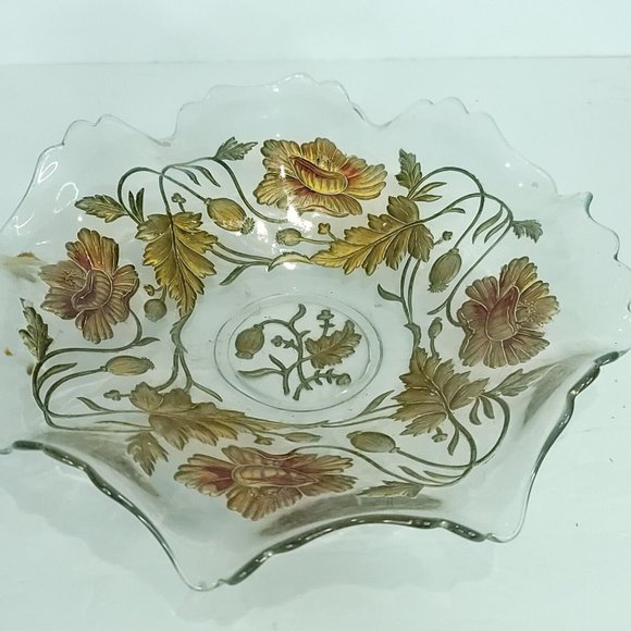 Accents | Antique Goofus Clear Glass Ruffled Edge Bowl 11 Gold Leaf And ...